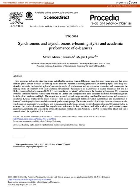 Pdf Synchronous And Asynchronous E Learning Styles And Academic Performance Of E Learners
