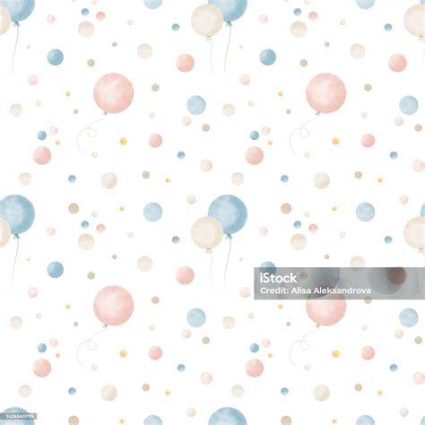 귀여운 파스텔 블루와 핑크 색상의 공기 풍선과 색종이가있는 패턴 휴일 파티 또는 생일을위한 원활한 손으로 그린 배경 흰색 바탕에 수채화 그림 수채화에 대한 스톡 벡터 아트