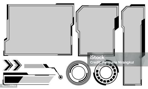 Hud 프레임 검정색과 회색 사용자 인터페이스 요소 디자인 현대 기술 미래형 제어판 화면 디지털 홀로그램 창 게임 메뉴 터치 사이버 모니터 검은 배경 벡터 0명에 대한 스톡