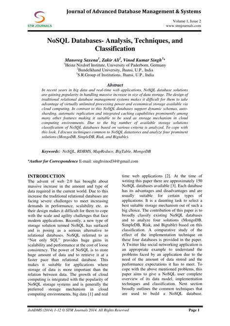 Pdf Nosql Databases Analysis Techniques And Classification
