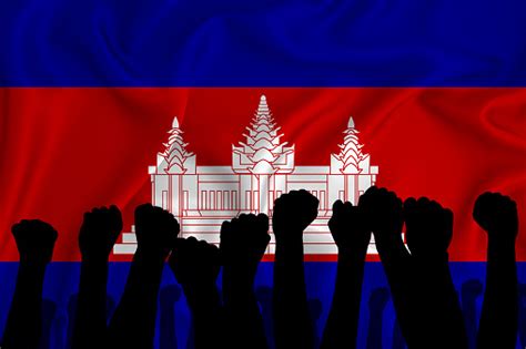 캄보디아의 국기의 배경에 제기 팔과 꽉 주먹의 실루엣 권력 갈등의 개념 텍스트에 대한 장소와 함께 3d 렌더링 Revolution에 대한 스톡 사진 및 기타 이미지 Istock