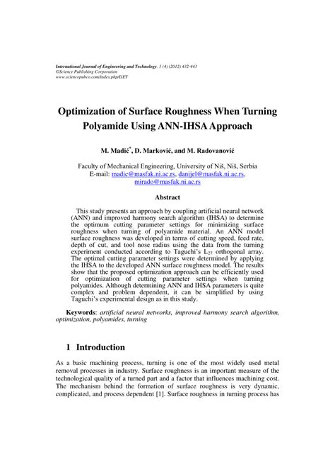 Pdf Optimization Of Surface Roughness When Turning Polyamide Using Ann Ihsa Approach