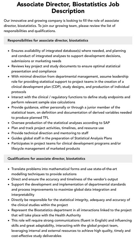 Associate Director Biostatistics Job Description Velvet Jobs
