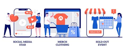 소셜 미디어 스타 머치 의류 작은 사람들과 매진 이벤트 개념 연예인 미디어 참여 벡터 일러스트레이션 세트 계정 수익 창출 브랜드 디자인 초과 예약 은유를 보여줍니다 개념에