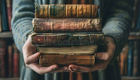 Hands Holding Stack Of Vintage Old Books Concept Of Self Education Self Development Stock