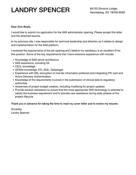 SAS Administrator Cover Letter Velvet Jobs