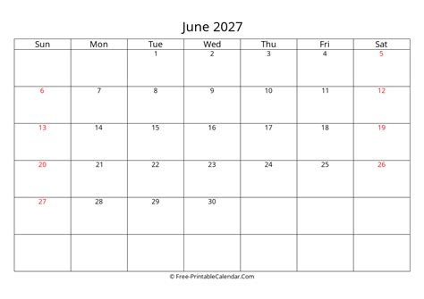 Free Printable Calendar June 2027 Weeks Start On Sunday