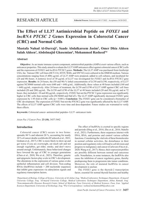 Pdf The Effect Of Ll37 Antimicrobial Peptide On Foxe1 And Lncrna Ptcsc 2 Genes Expression In