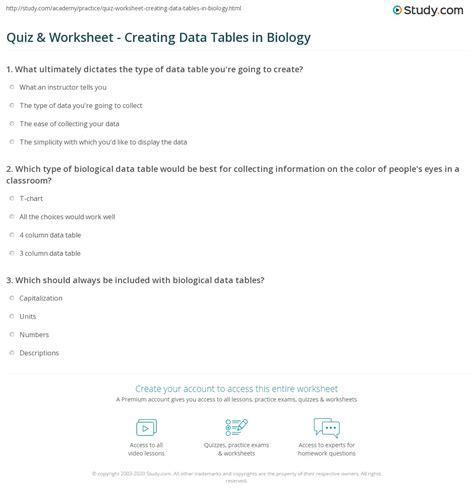 Quiz And Worksheet Creating Data Tables In Biology