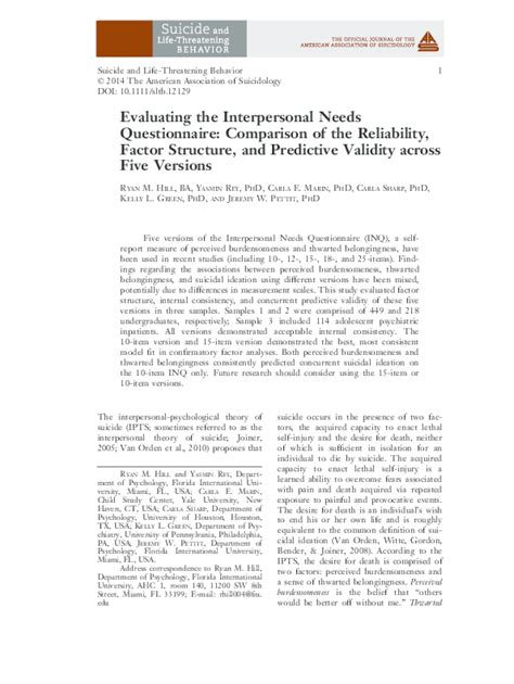 Pdf Evaluating The Interpersonal Needs Questionnaire Comparison Of The Reliability Factor