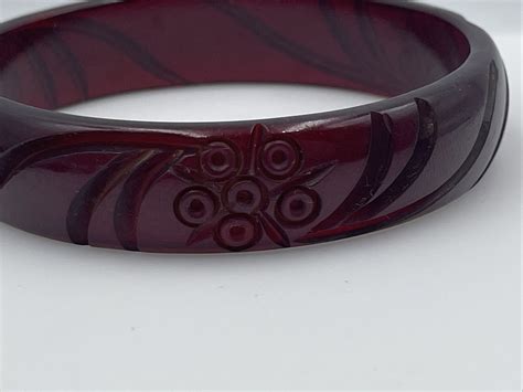 Antique Bakelite Translucent Dark Red Color Carved Ba… Gem