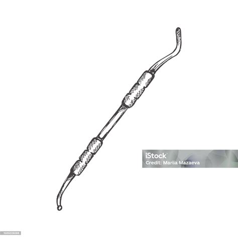 손으로 그린 Stomatology 속성입니다 전문 치과 도구 빈티지 벡터 일러스트레이션은 흰색 배경에 분리되어 있다 치열 교정 의사를위한 장비 강철에 대한 스톡 벡터 아트