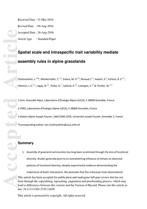 Pdf Spatial Scale And Intraspecific Trait Variability Mediate Assembly Rules In Alpine Grasslands