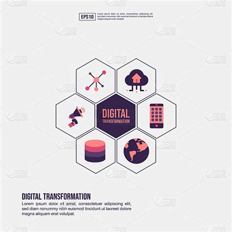 数字转型概念用于展示、推广、社交媒体营销等。极简数字转换信息图与平面图标