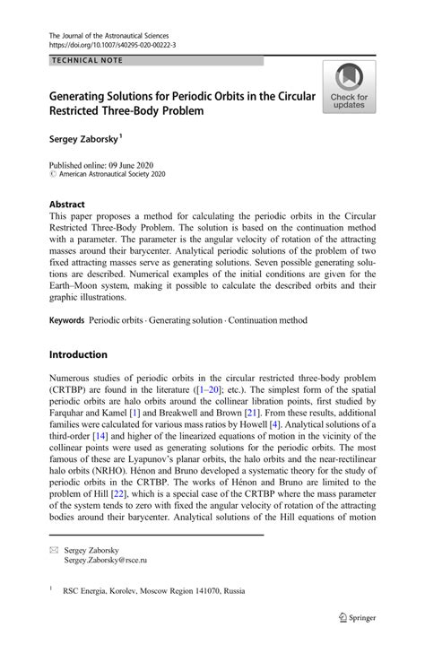 Pdf Generating Solutions For Periodic Orbits In The Circular Restricted Three Body Problem