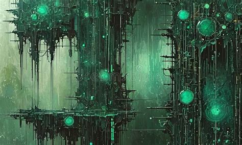 Digital Futuristic Cityscape Featuring Complex Network Buildings Trees And Glowing Green