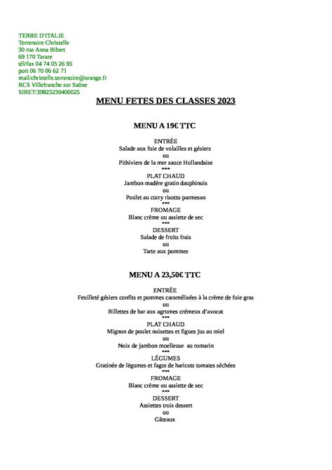 Menu Fête Des Classes Menus Fêtes Des Classes