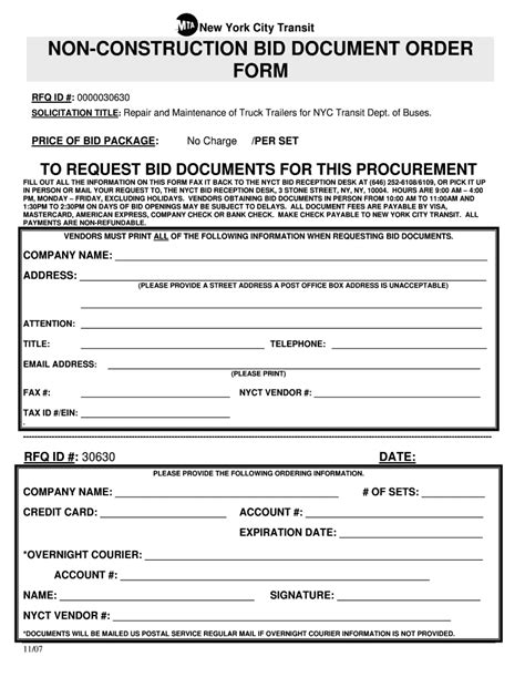 New York City Transit Non Construction Bid Document Order Form Rfq Id