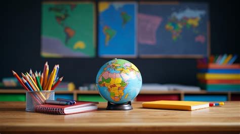 Premium Photo School Desk With School Accessories And Gloss On A School Blackboard Background