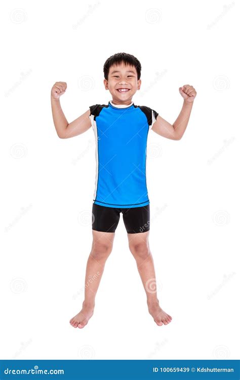 Asian Strong Boy Is Flexing His Biceps Muscle Isolated On White Stock