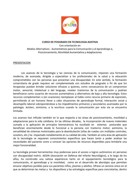 Posgrado Tecnologia Asistiva Programa 2024 Pdf Invalidez