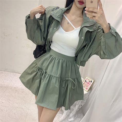 퍼프 스트링 셔링 바람막이 리본 캉캉스커트 투피스세트 3컬러 에이블리