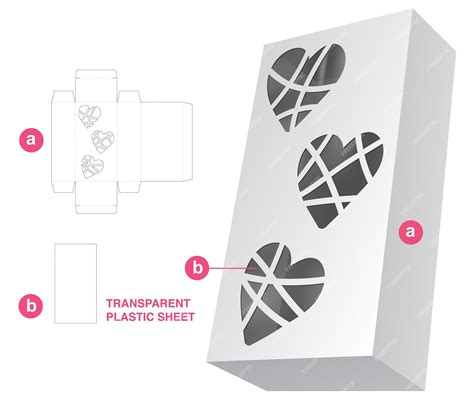 심장 창 다이 컷 템플릿 및 3d 모형이 있는 포장 상자 프리미엄 벡터