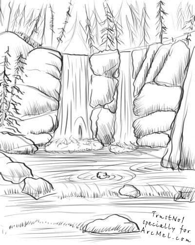 How To Draw A Waterfall Step By Step Waterfall Drawing Nature Drawing Landscape Pencil Drawings