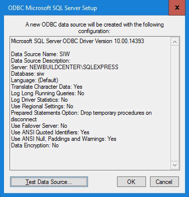 Microsoft Sql Server Odbc Settings For Siw