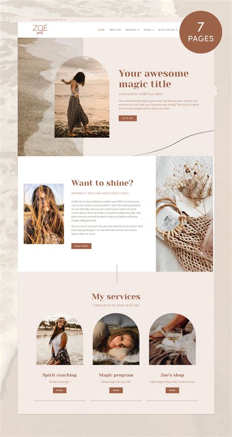 Boho Wordpress Template Kit Elementor Zoe Spirit Showcase Website Design Coaching Theme