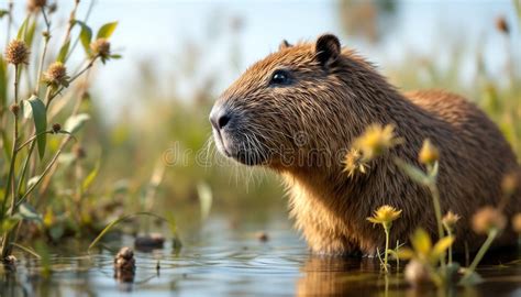 Capybara In Its Natural Habitat A Serene Moment In The Wetlands Stock