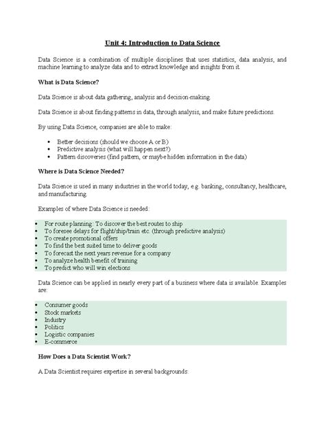 Unit 4 Notes Unit 4 Introduction To Data Science Data Science Is A Combination Of Multiple
