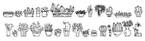 냄비와 상자에 선인장 세트 가시가 많은 실내 꽃 손으로 그린 스케치를 윤곽선으로 그립니다 잉크로 그리기 흰색 배경에 고립되어 있습니다 벡터 0명에 대한 스톡 벡터 아트 및