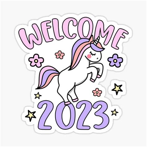 welcome 2023 happy new year 2023 cute unicorn design sticker for