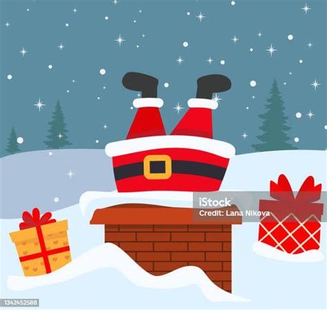 굴뚝에 귀여운 산타 클로스의 벡터 만화 그림 크리스마스 인사말 카드 벡터 일러스트 디자인 12월에 대한 스톡 벡터 아트 및 기타