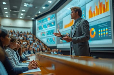 Professor Giving A Lecture In A Large Lecture Hall Full Of Students