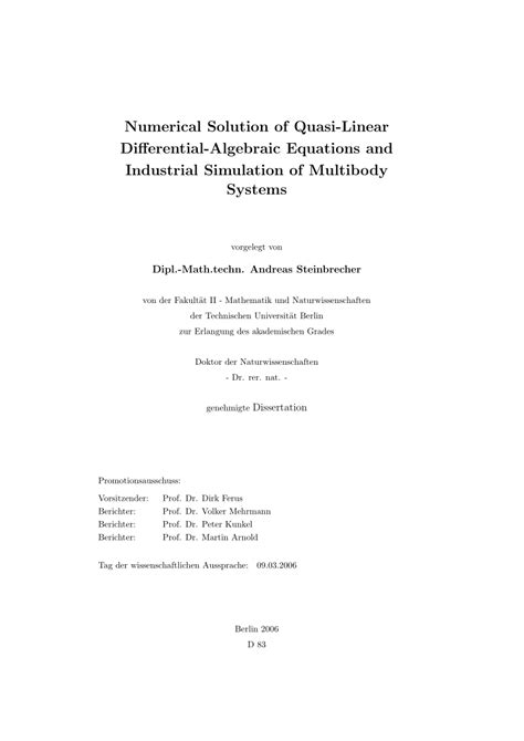 Pdf Numerical Solution Of Quasi Linear Differential Algebraic Equations And Industrial