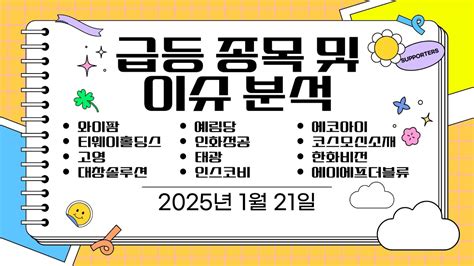 주식 공부 1월 21일 오늘의 상한가 급등종목과 이유 와이팜 티웨이홀딩스 고영 대창솔루션 예림당 인화정공 태광 인스코비 에코아이 코스모신소재 한화