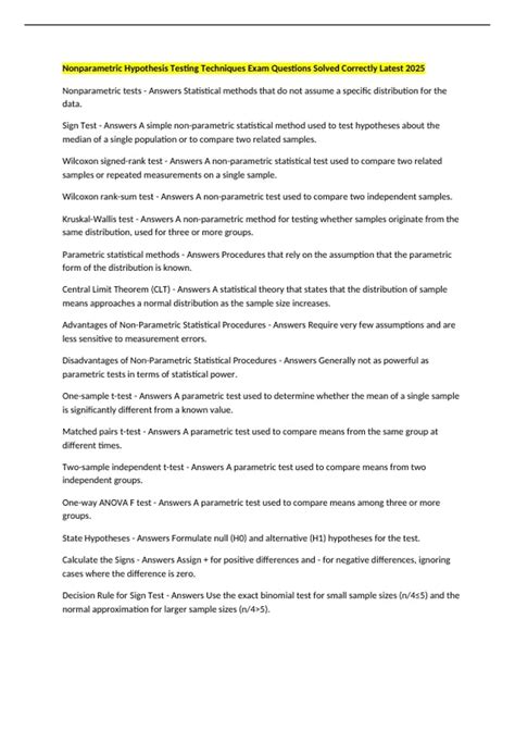 Nonparametric Hypothesis Testing Techniques Exam Questions Solved Correctly Latest 2025