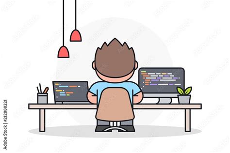 programmer software or web developer working on computer at office desk back view cartoon