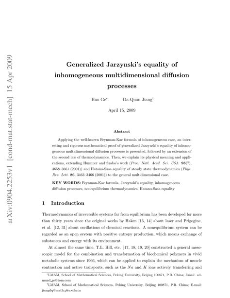 Pdf Generalized Jarzynskis Equality Of Inhomogeneous Multidimensional Diffusion Processes