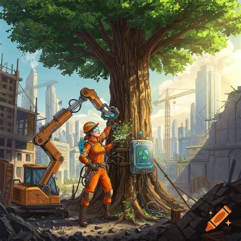 An Engineer Using A Robot Arm To Work On A Tree In A Futuristic
