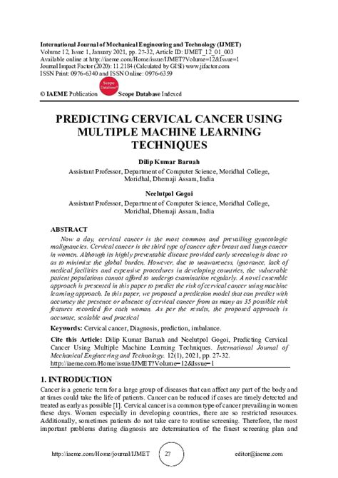 Pdf Predicting Cervical Cancer Using Multiple Machine Learning Techniques