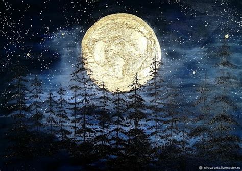 Картина звездное небо золотая луна и хвойный лес на заказ в интернет магазине Ярмарка Мастеров