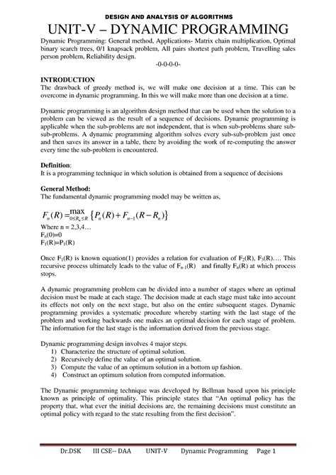 Daa Unit 5 Dynamic Programming Unit V Dynamic Programming Studocu