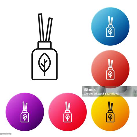 흰색 배경에 격리 된 검은 줄 아로마 디퓨저 아이콘 나무 향기 스틱과 다른 유리 항아리 아이콘 을 다채로운 원 버튼을 설정합니다 벡터 0명에 대한 스톡 벡터 아트 및 기타