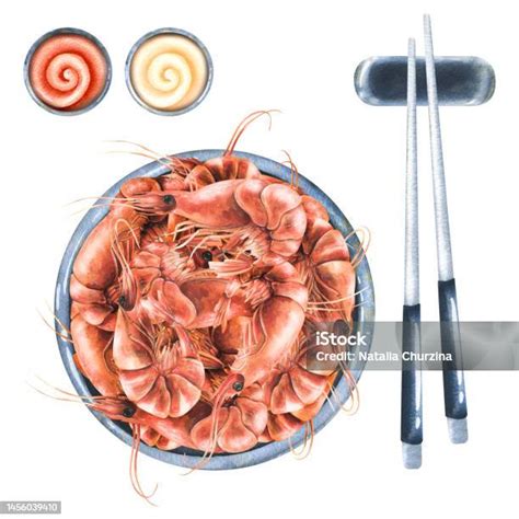 세라믹 그릇에 삶은 새우 수채화 그림입니다 Shrimp 컬렉션의 구성 메뉴 요리법 카페 레스토랑 상점 포장 로고 태그의 장식 및 디자인 가격표에 대한 스톡 벡터 아트 및