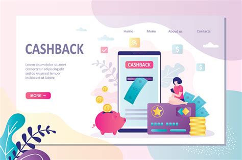캐쉬백 랜딩 페이지 템플릿입니다 여성 고객은 화면에 스마트 폰 온라인 뱅킹 응용 프로그램을 사용합니다 돈이 있는 지갑과 돼지