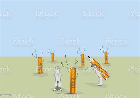 연필에 있는 작은 사람들의 밑그림입니다 남자는 연필의 형태로 아이디어를 심 었습니다 사업 개념에 대 한 아이디어입니다 팀웍입니다 벡터입니다 손으로 그린 만화 벡터 일러스트