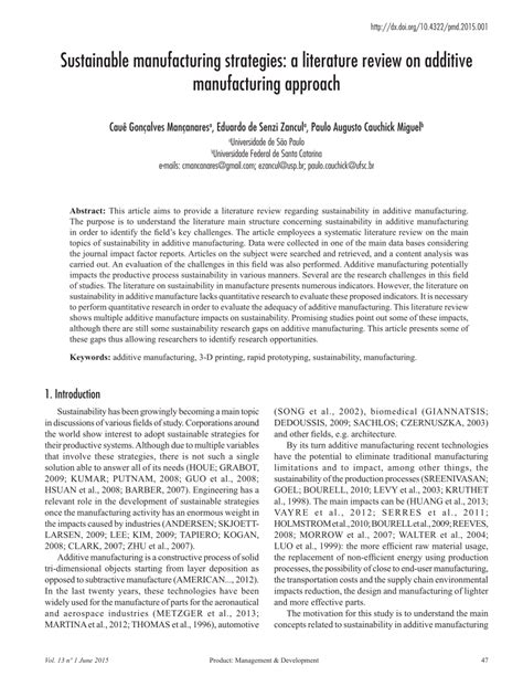 Pdf Sustainable Manufacturing Strategies A Literature Review On Additive Manufacturing Approach